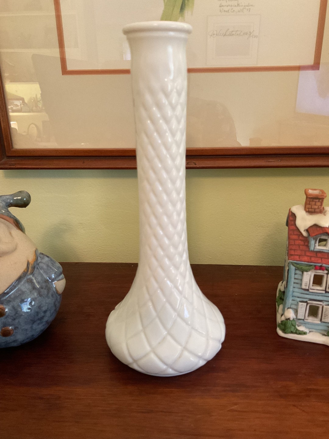 Hoosier Glass Quilted Diamond Pattern Milk Glass Vase - Etsy