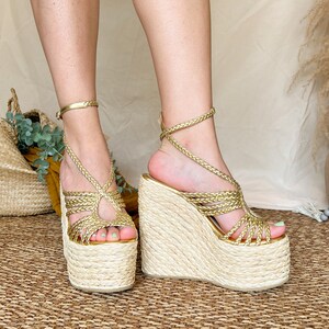 Gold Espadrille Wedge Heels, Bohemian High Shoes, Espadrilles Sandals ...