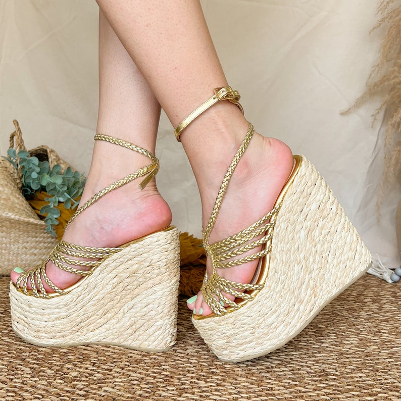 Gold Espadrille Wedge Heels, Bohemian High Shoes, Espadrilles Sandals ...