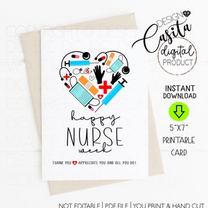 Nurse Week Printable 5x7 Folded Greeting Card,heart Thank You Medical ...