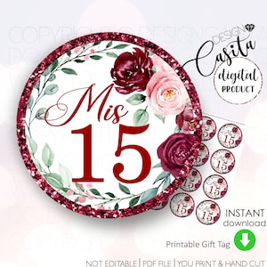 Quinceanera Mis 15 Printable Burgundy Glitter Round Gift Favor Tag,15 ...