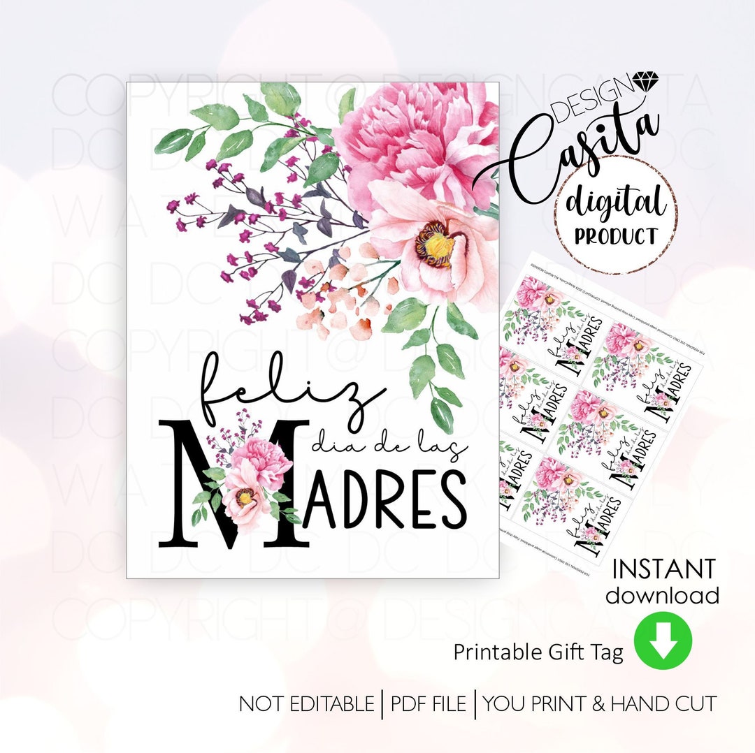 Feliz Dia De Las Madres Printable Favor Gift Tag,peony Floral Mom Tag ...