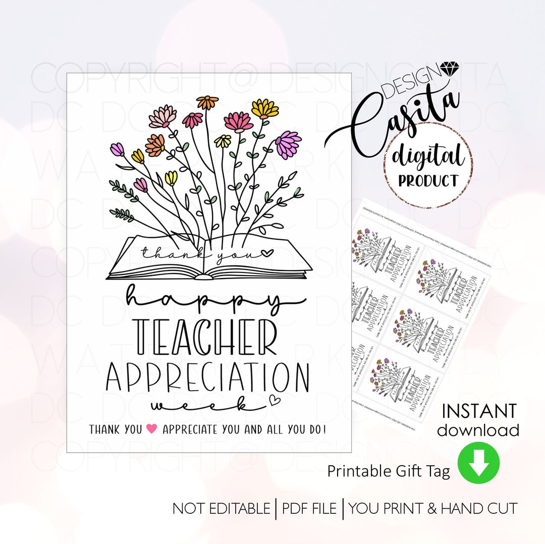 Teacher Appreciation Week Printable Gift Tag,floral Book Colorful ...