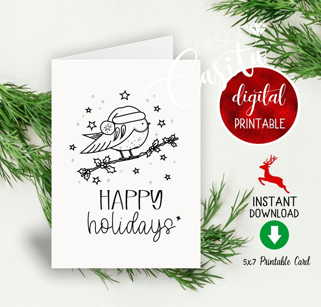 Happy Holidays Printable Santa Bird 5x7 Folded Greeting Card,coloring ...