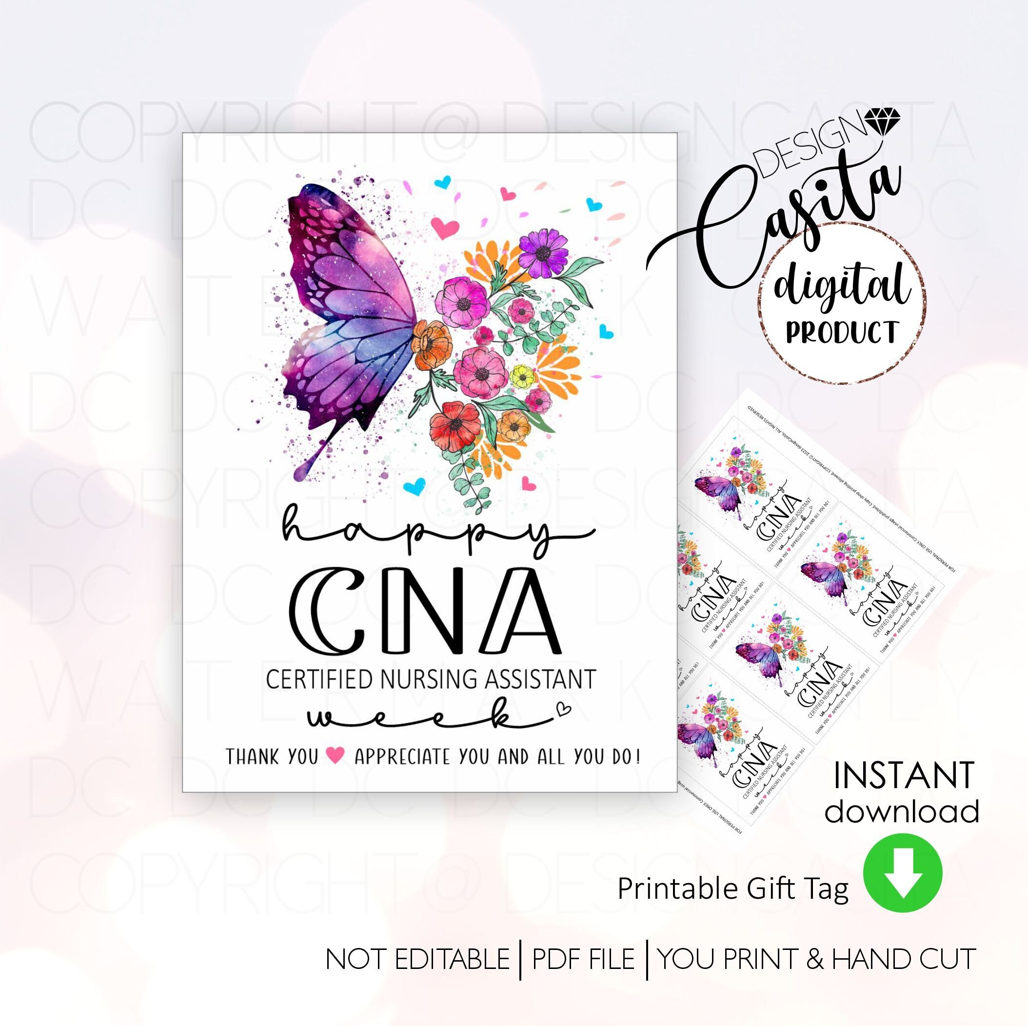 Happy CNA Week Thank You Printable Favor Gift Tag,cna Floral Butterfly ...