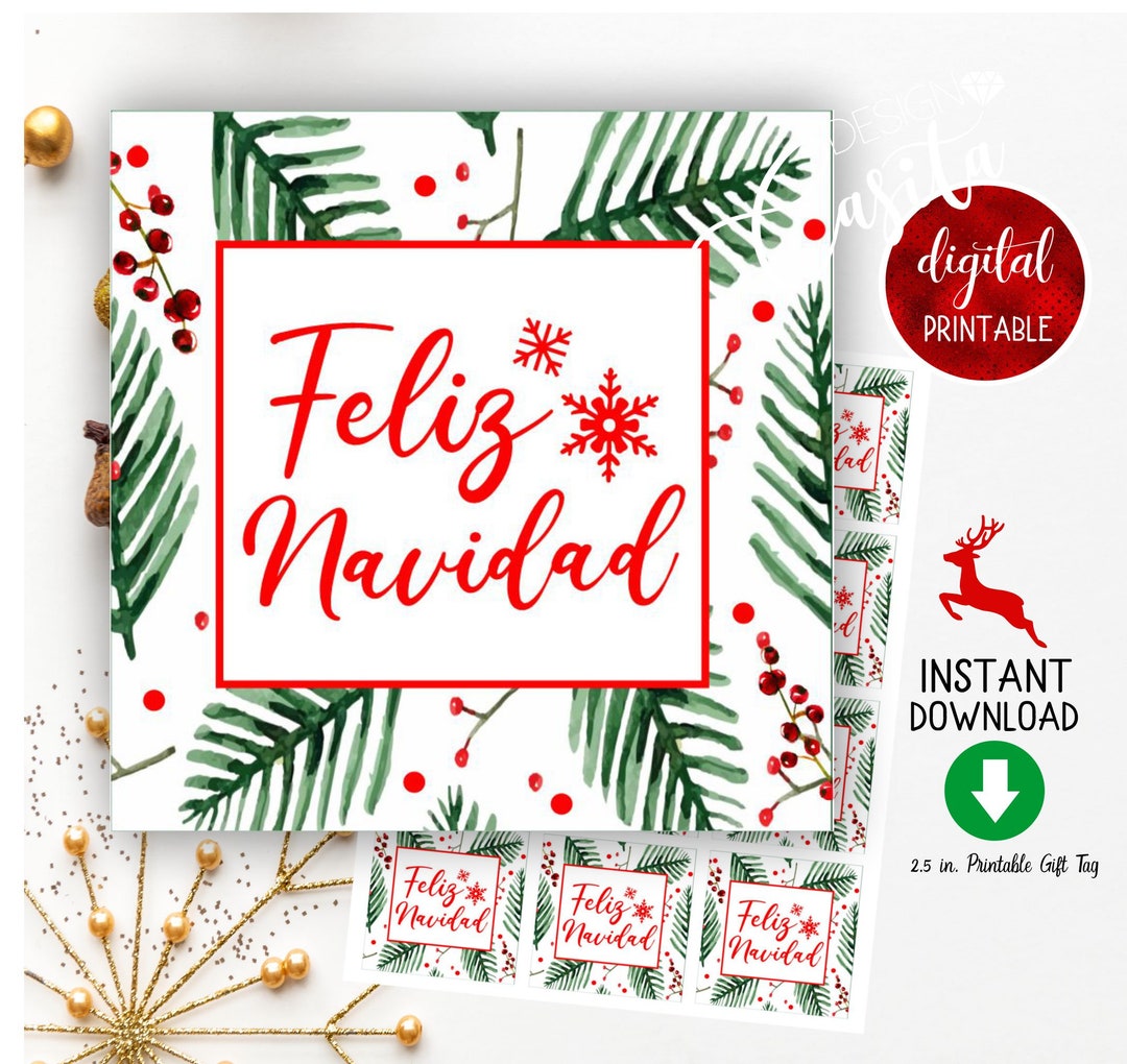 Feliz Navidad Merry Christmas Pines Printable Square Gift Tag,spanish ...