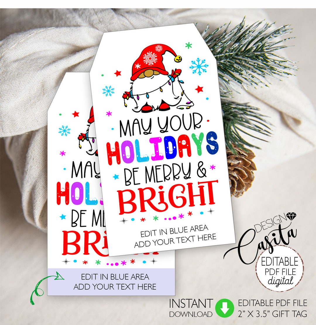 Merry and Bright Gnome Printable Editable Gift Tag,christmas Favor Tag ...