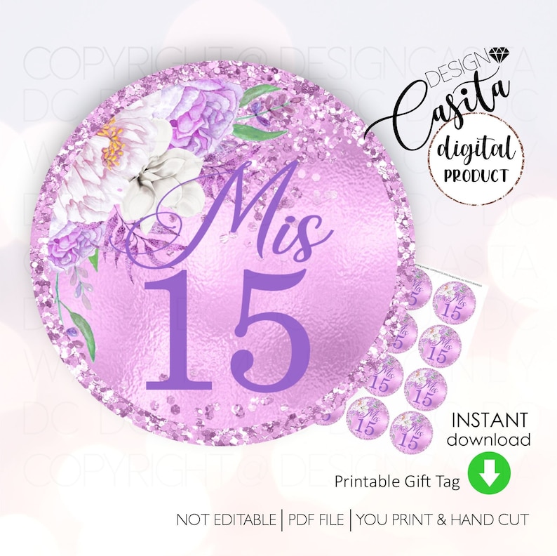 Quinceanera Mis 15 Printable Lilac Purple Glitter Round Gift - Etsy