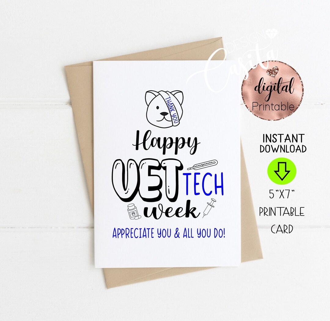 Vet Tech Week Printable 5x7 Folded Greeting Card,dog Bandage Face Thank ...