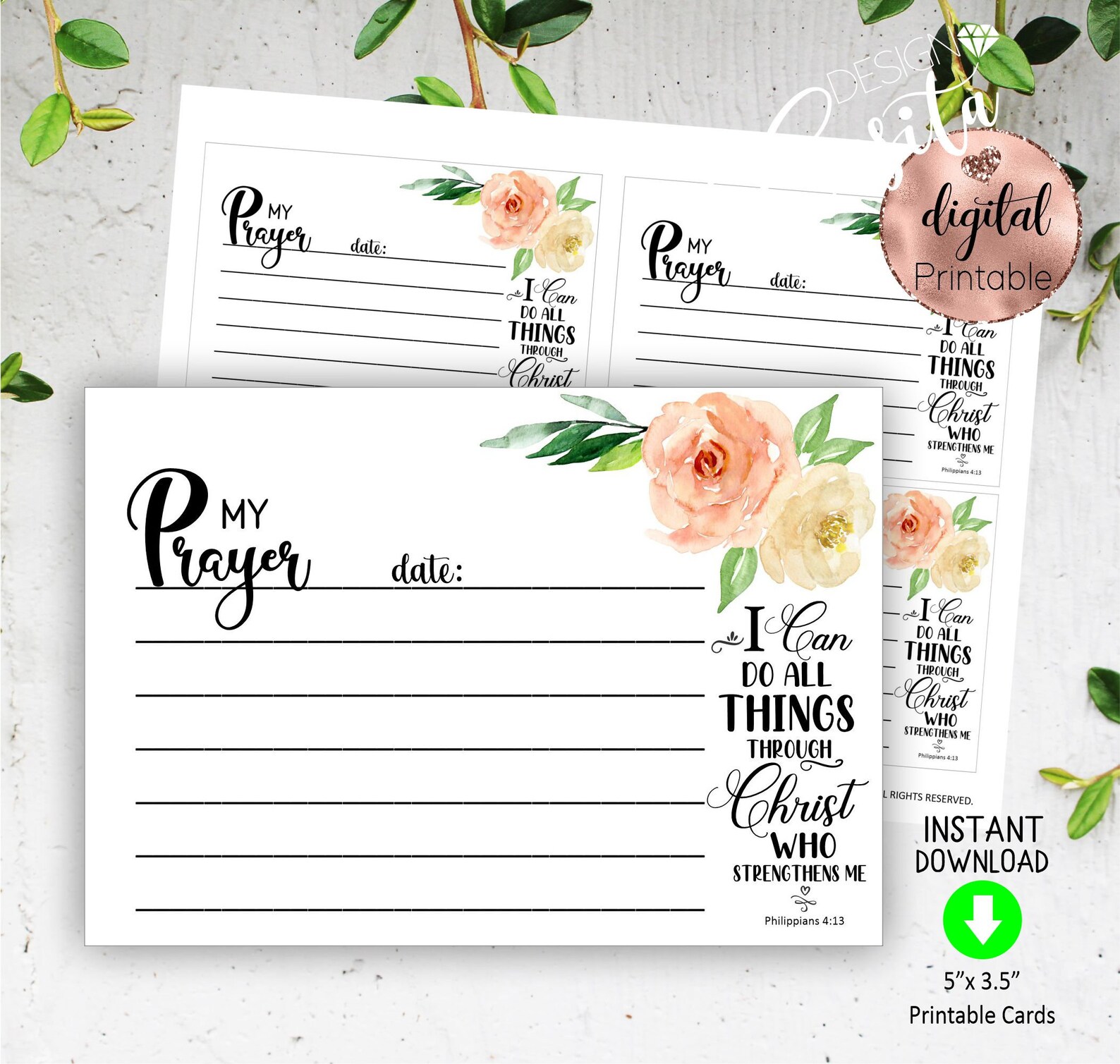 Prayer Cards Printable Scripture Floral Philippians 4:13,affirmation ...