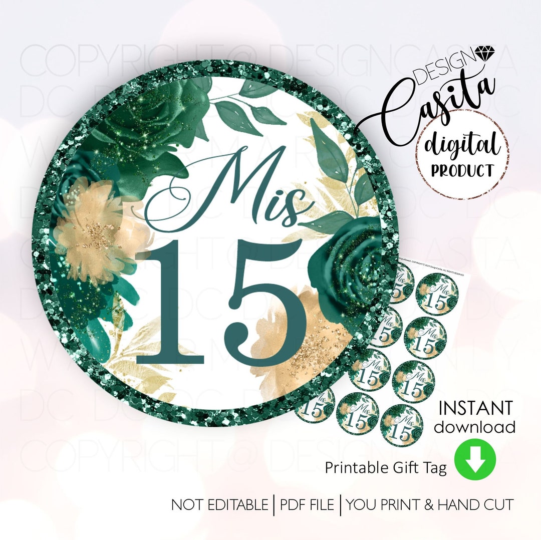 Quinceanera Mis 15 Printable Emerald Green Glitter Round Gift Tag,15 ...