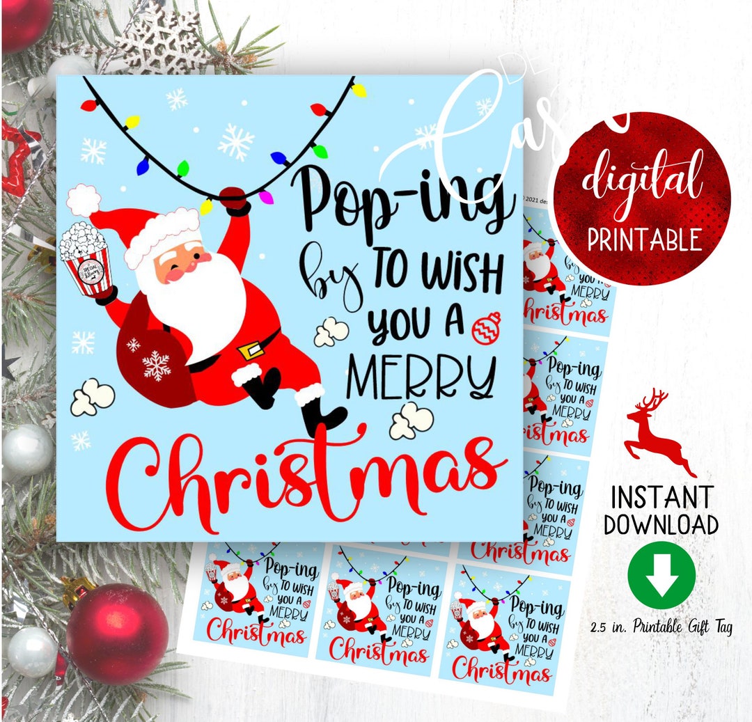 Santa Claus Popcorn Merry Christmas Printable Favor Square Gift Tag ...