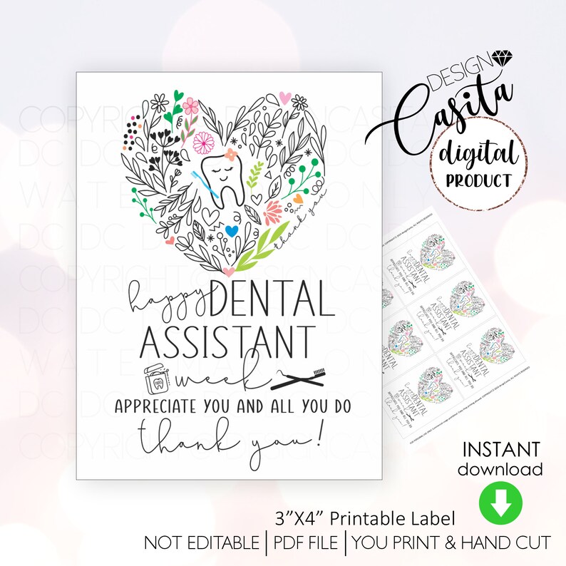 Dental Assistant Week Printable Gift Tag,floral Heart Thank You Dentist ...