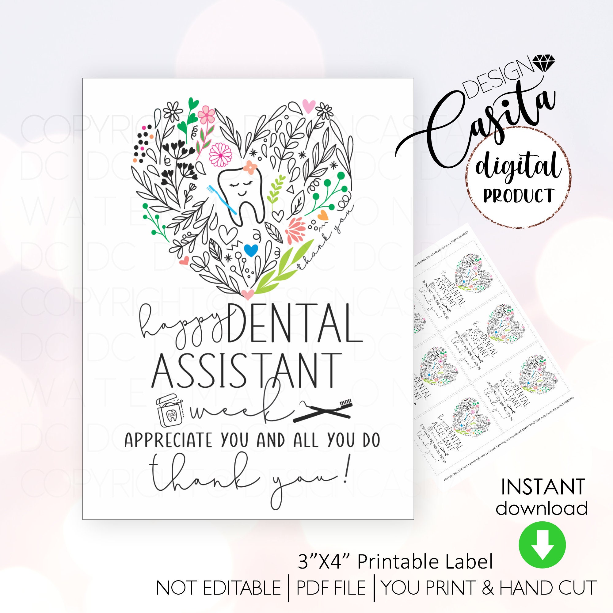 Dental Assistant Week Printable Gift Tag,floral Heart Thank You Dentist ...