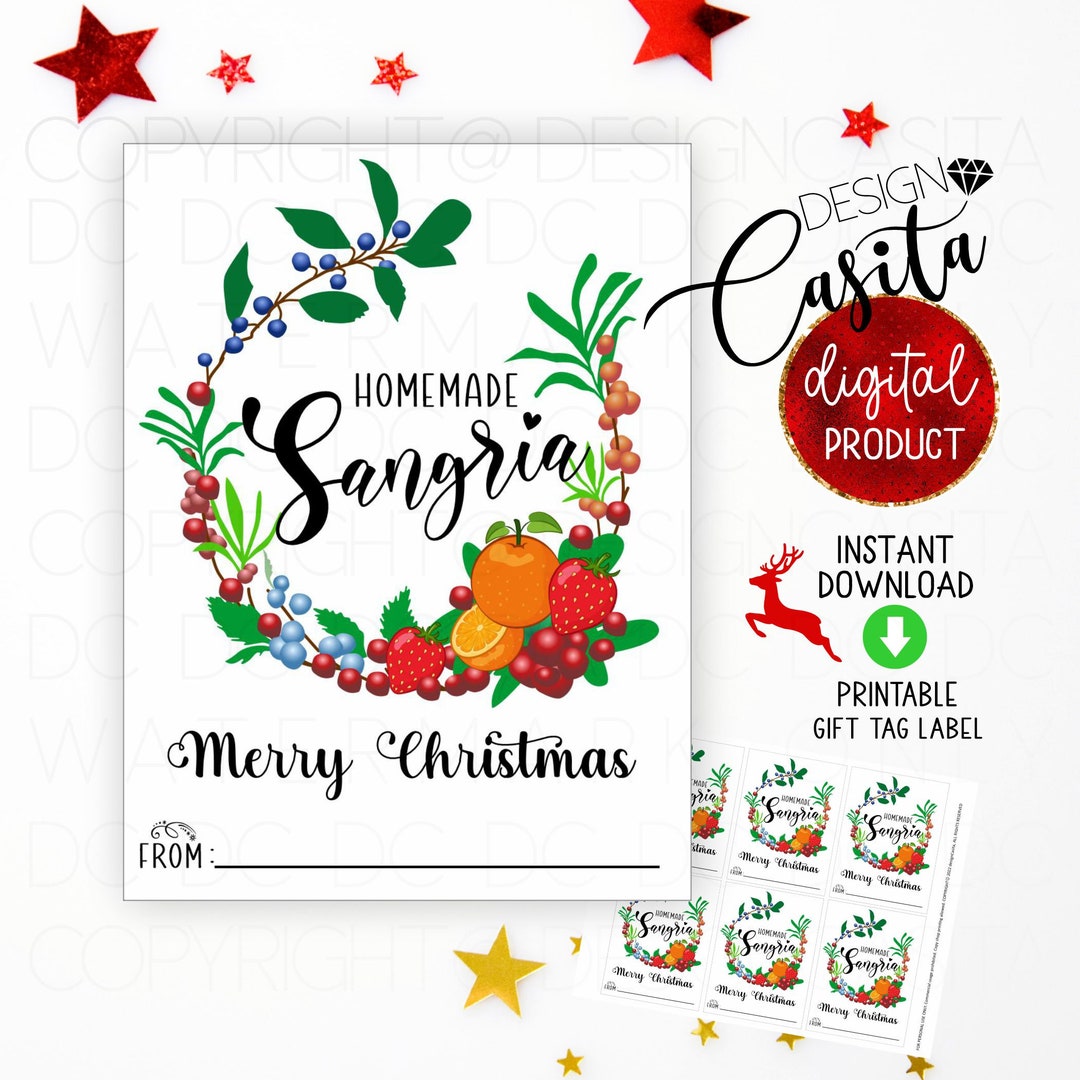 Sangria Homemade Printable Gift Tag Label,merry Christmas Drink Bottle ...