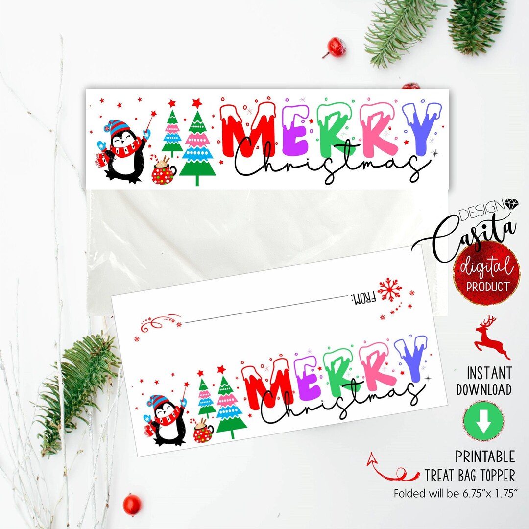 Penguin Merry Christmas Bag Topper Printable Taghappy - Etsy