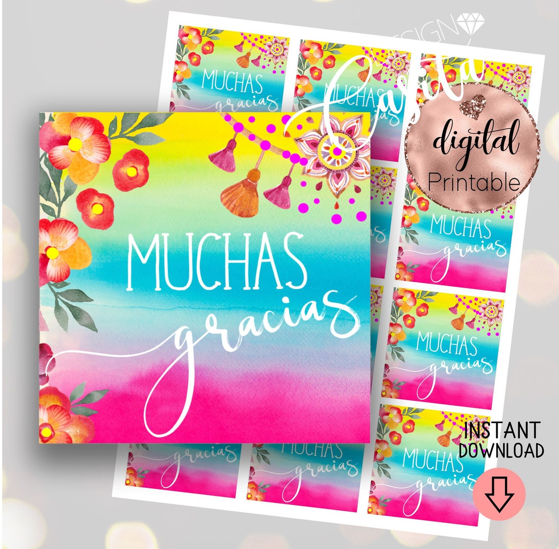 Muchas Gracias Thank you Pink Floral Printable Square Favor | Etsy
