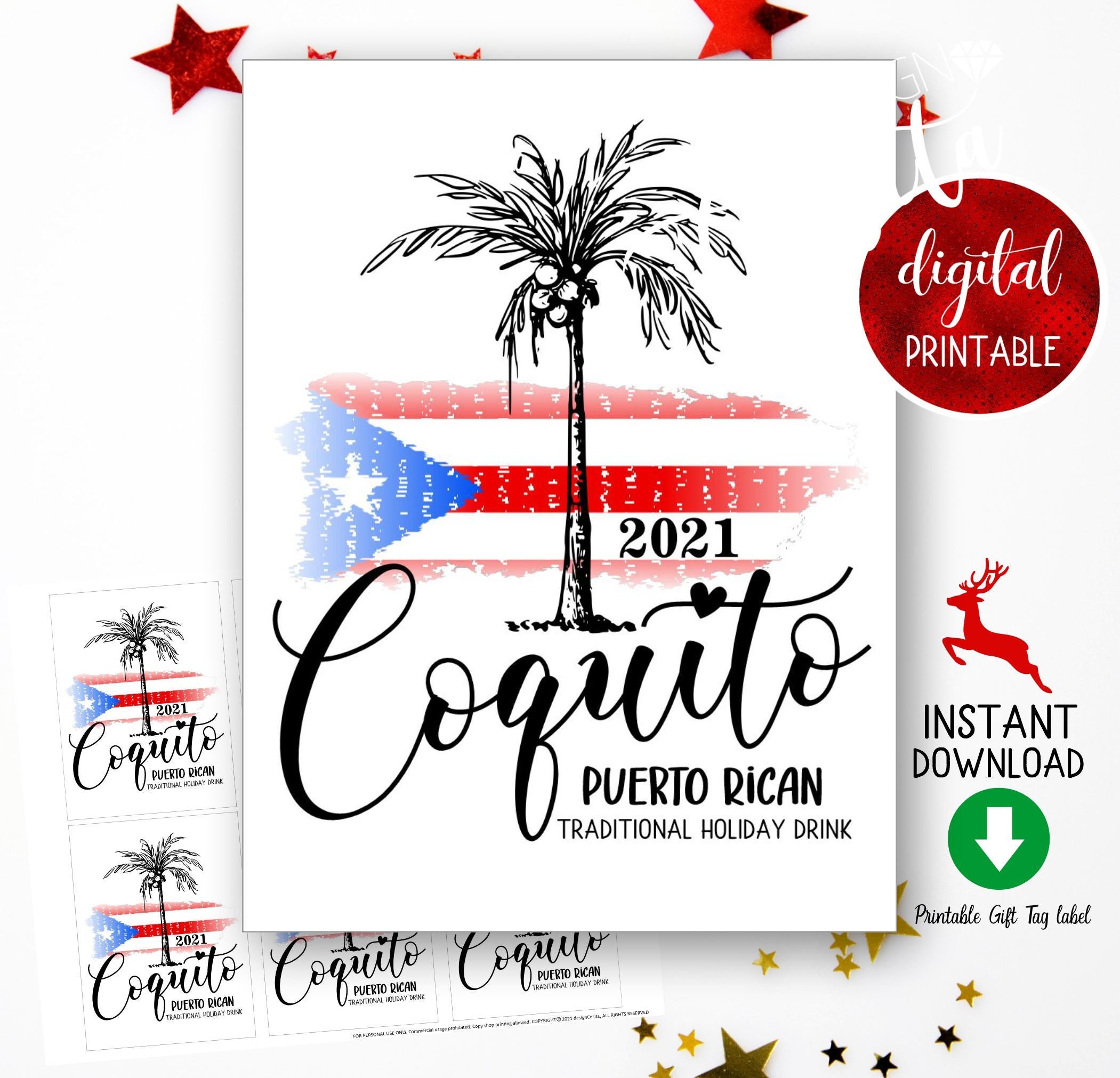 Coquito 2021 Feliz Navidad Printable gift tag label,Puerto Rican ...