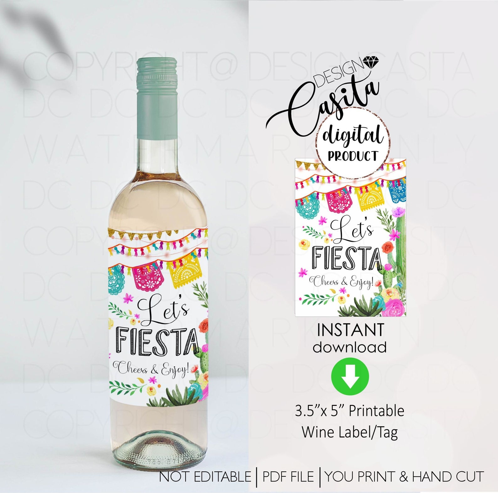 Let's Fiesta Printable Wine Bottle Label Tag,mexican Theme Birthday ...