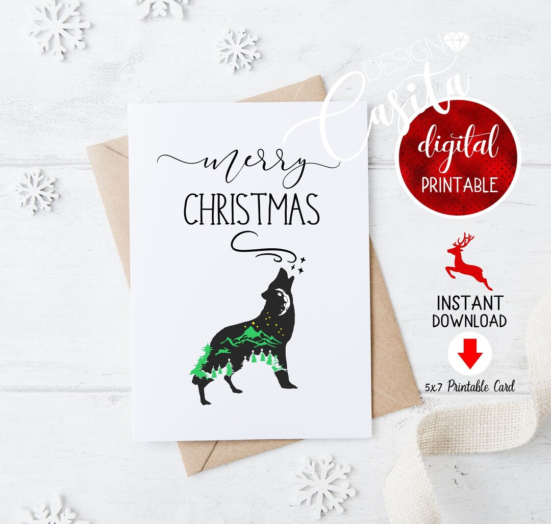 Merry Christmas Printable Wolf Forest 5x7 Folded Greeting - Etsy