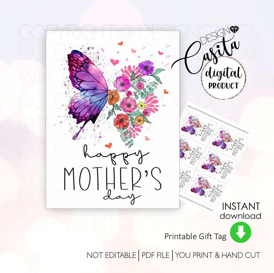 Butterfly Mother's Day Printable Favor Gift Tag,floral Butterfly Mom ...
