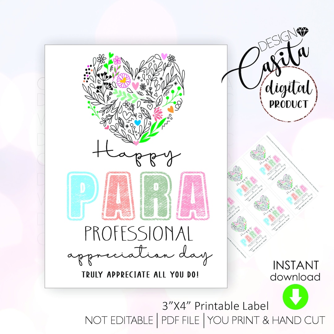 Paraprofessional Appreciation Day Printable Gift Tag,floral Heart Thank ...