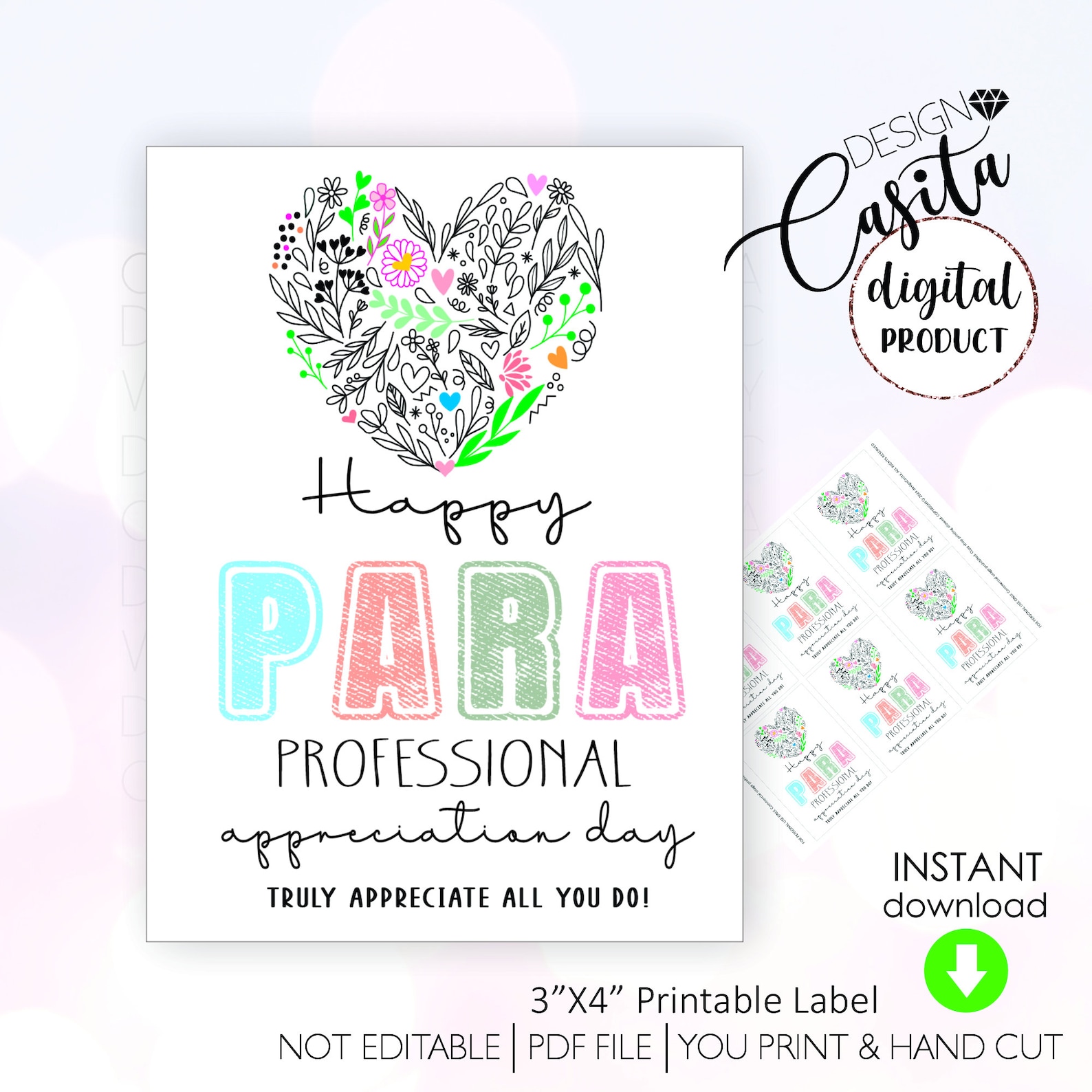 Paraprofessional Appreciation Day Printable Gift Tag,floral Heart Thank ...