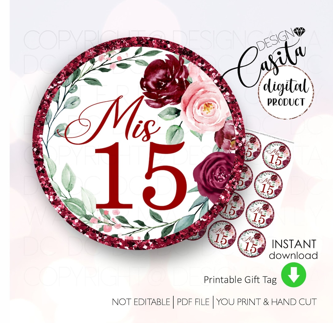 Quinceanera Mis 15 Printable Burgundy Glitter Round Gift Favor Tag,15 ...