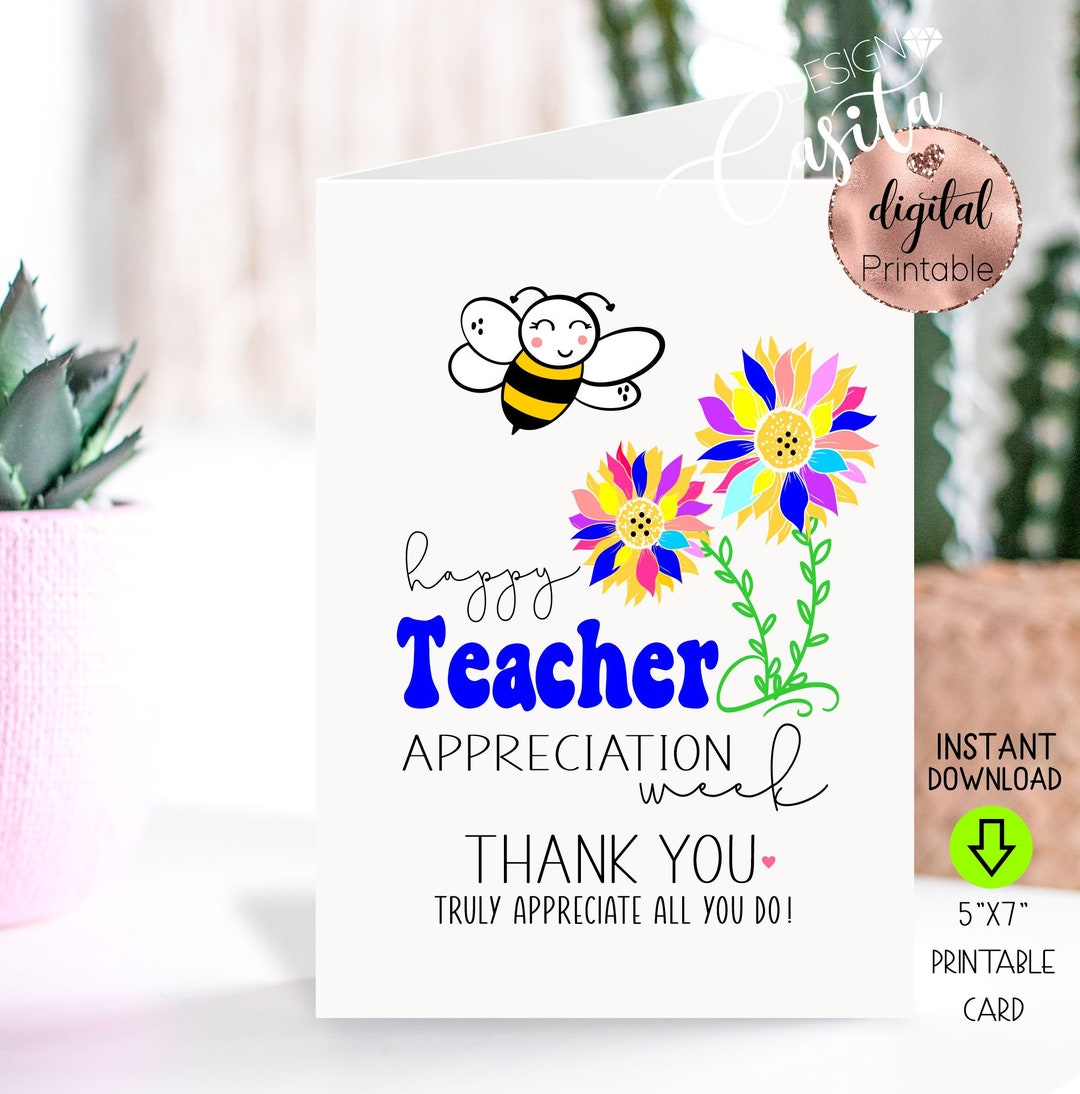Teacher Appreciation Week Busy Bee Printable 5x7 Folded Greeting Card ...