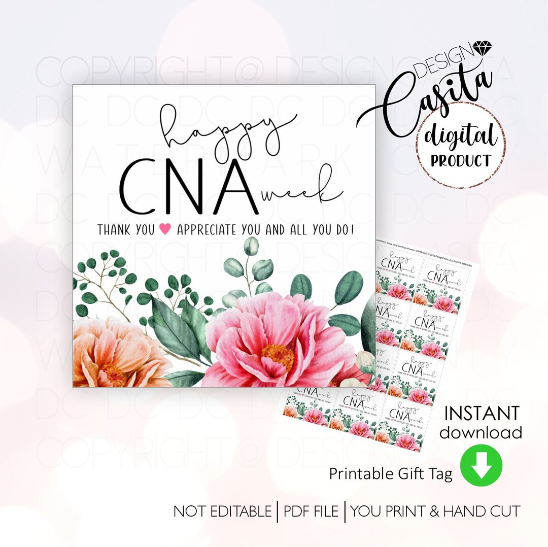 Happy CNA Week Floral Thank You Printable Square Favor Gift Tag,cna Plant Tag,nurse Assistant ...