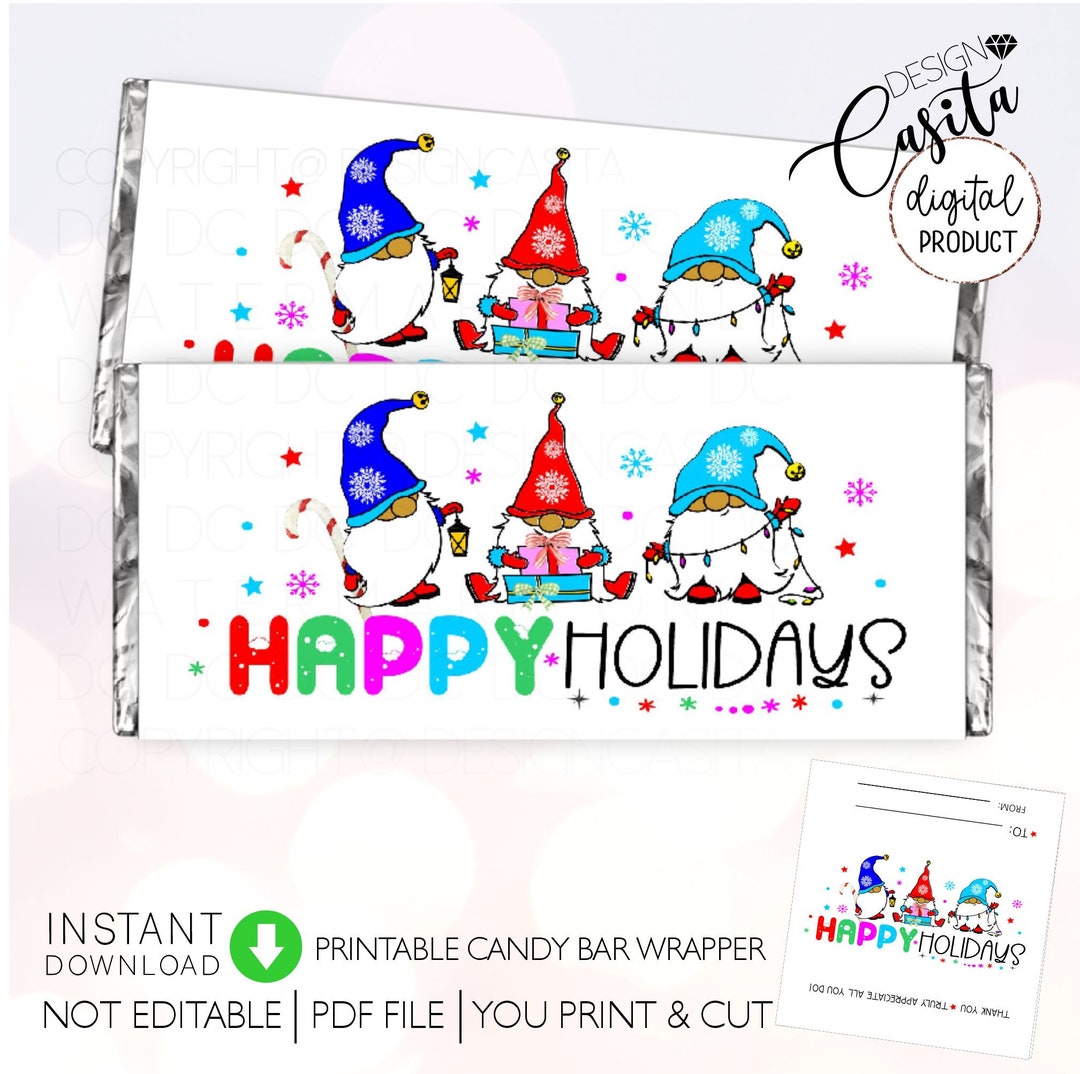 Happy Holidays Gnomes Printable Candy Bar Wrapper,staff Appreciation ...
