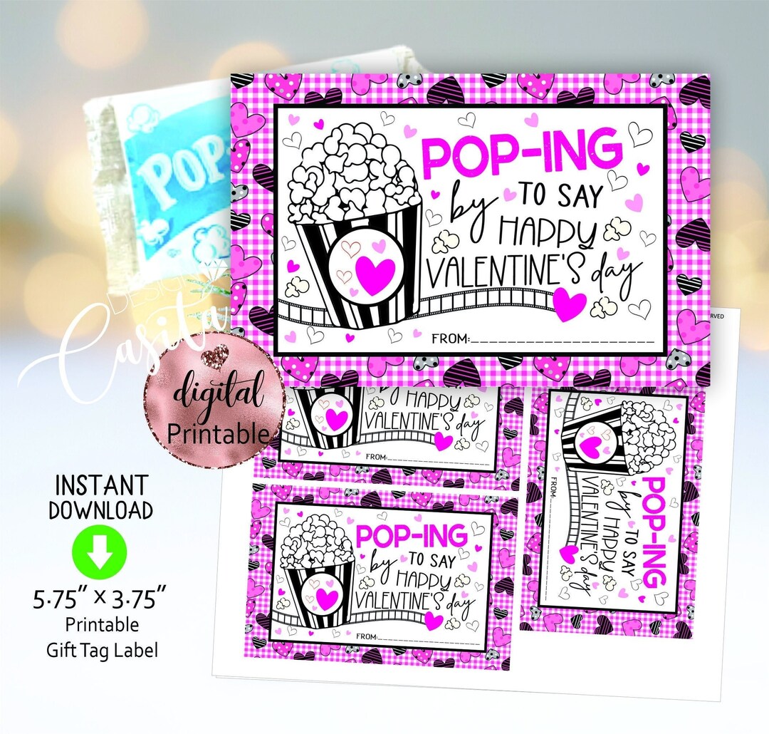Popcorn Happy Valentine's Day Printable Gift Tag Label,hearts Plaid ...