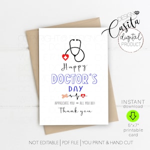 Doctor's Day and Medical Thank You Printable 5x7 Folded Greeting Card ...