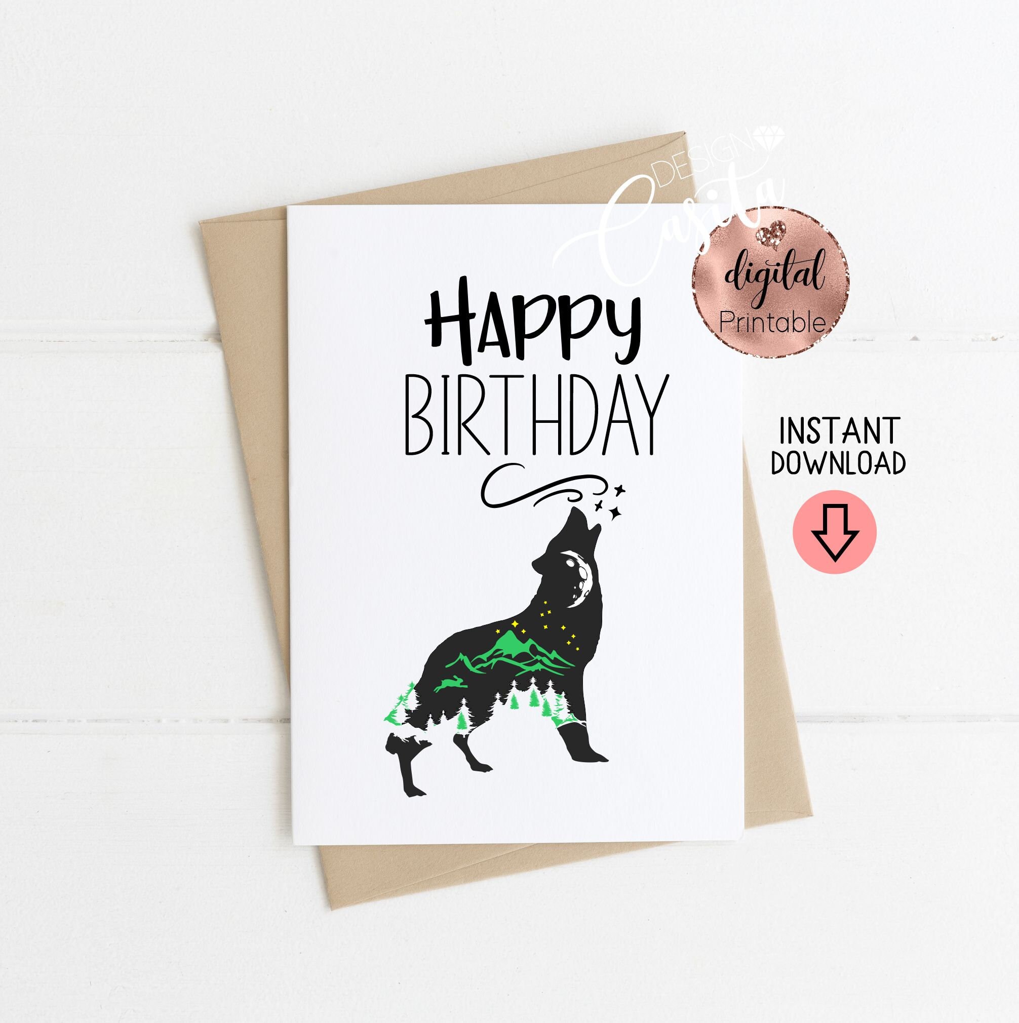 Wolf Happy Birthday Printable 5x7 Folded Greeting Carddad - Etsy