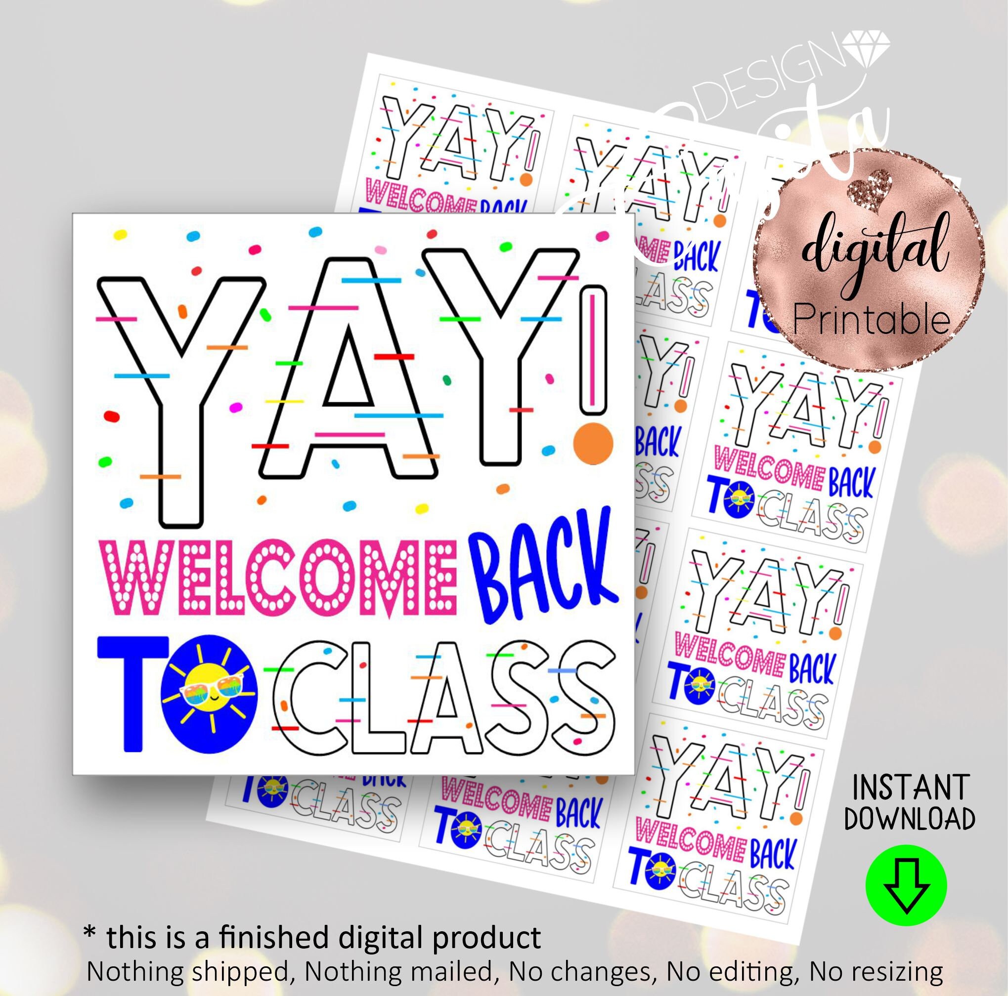 Yay Welcome back to class Printable 2.5 Square Gift Tagback | Etsy