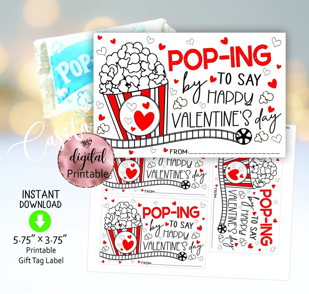 Popcorn Happy Valentine's Day Printable Gift Tag Label,red Hearts ...