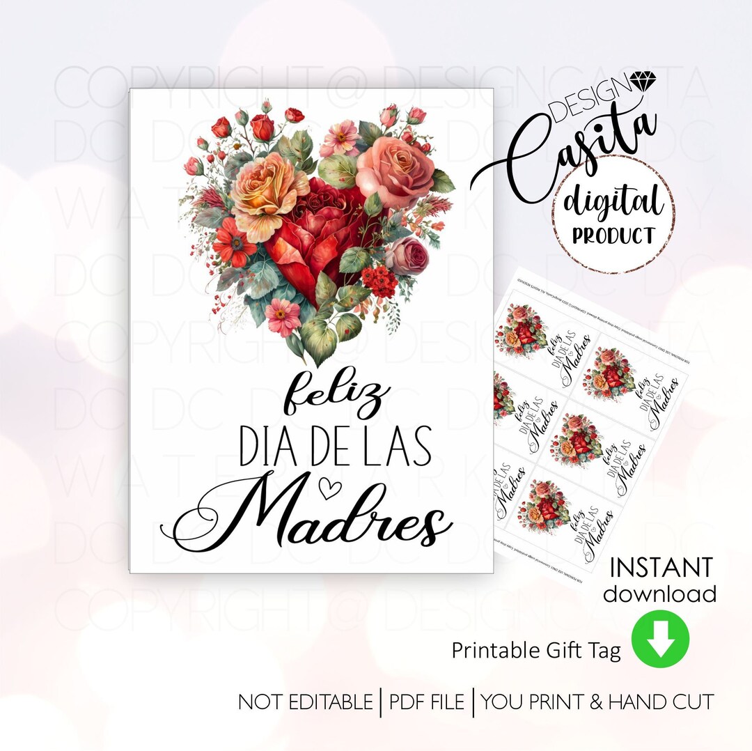 Feliz Dia De Las Madres Printable Favor Gift Tag,vintage Floral Heart ...