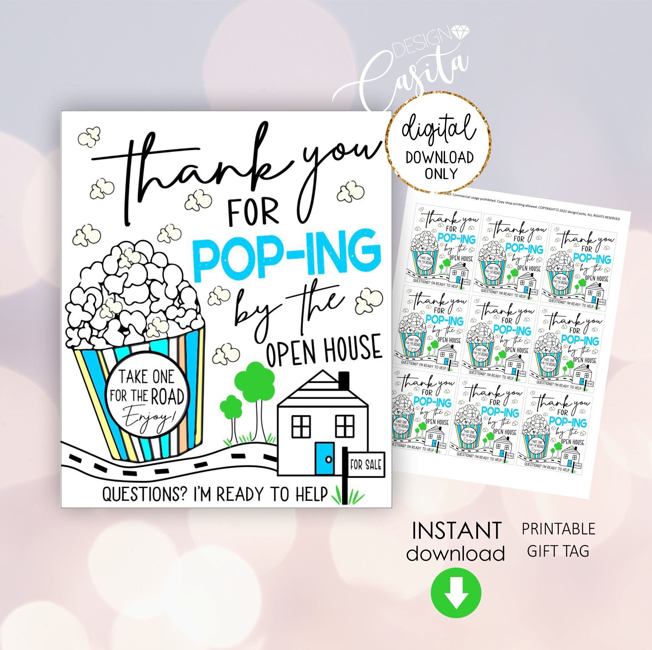 Real Estate Printable Gift Tag,popcorn Open House Promotional Treat Tag ...