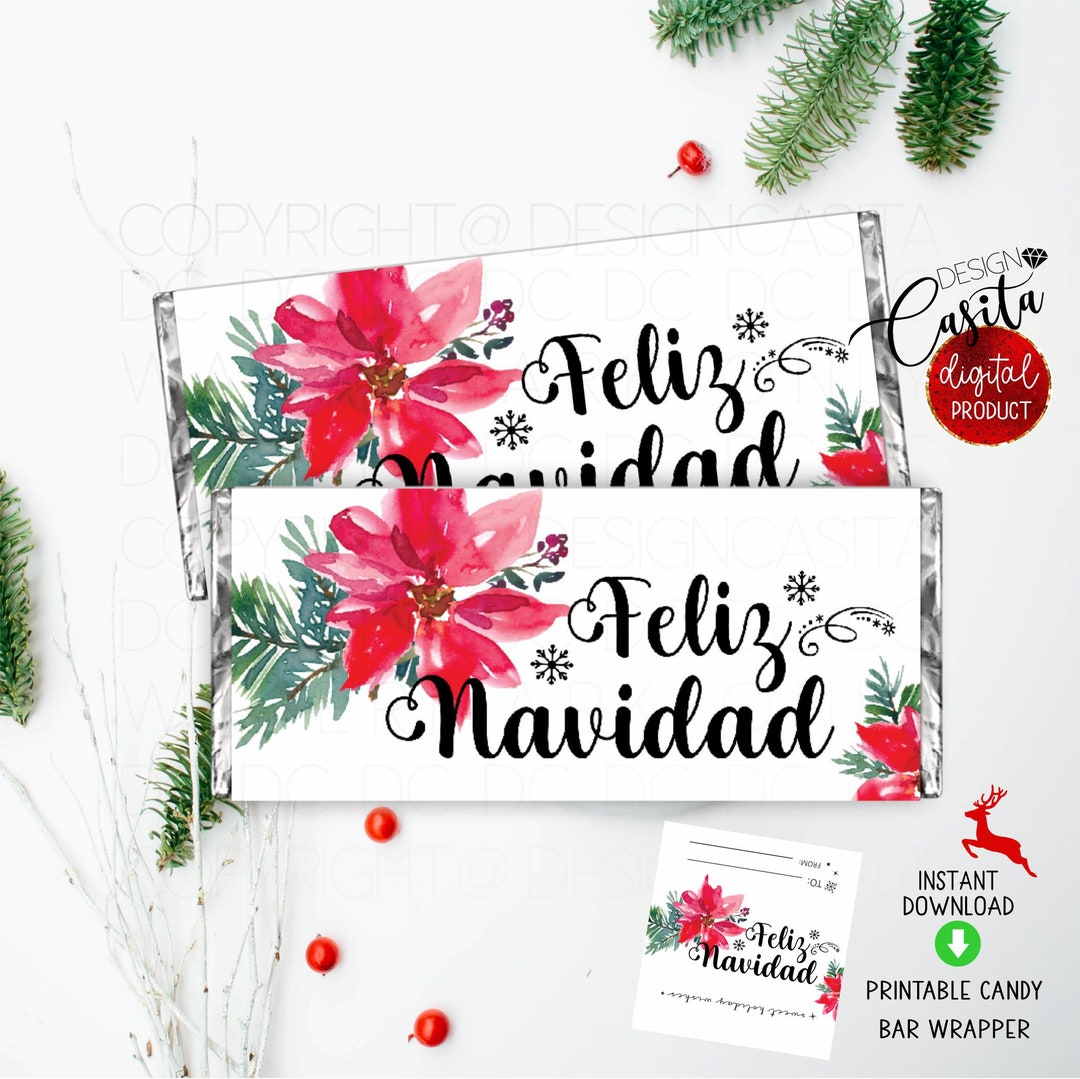 Feliz Navidad Printable Candy Bar Wrapper Label,poinsettia Sweet ...