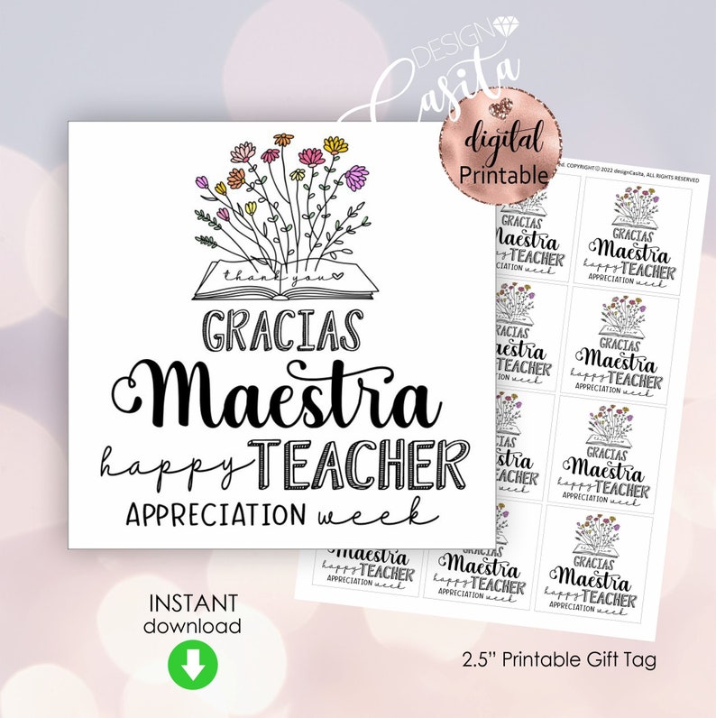 Teacher Appreciation Week Printable Favor Gift Tag,gracias Maestra Tag ...