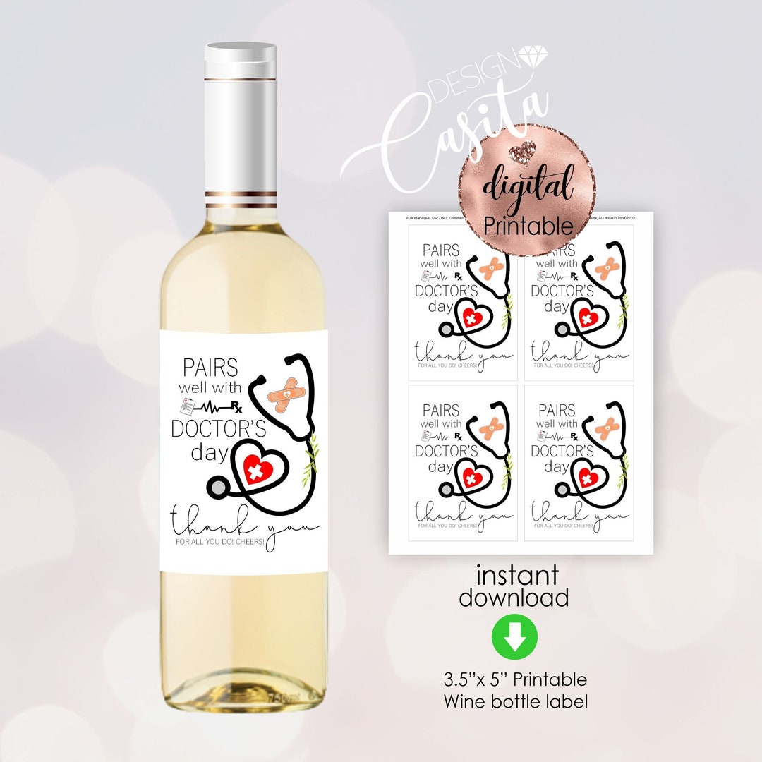 Doctors Day Wine Bottle Label Printable,medical Thank You Gift,pairs ...