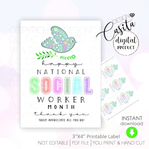 Happy Social Worker Month Printable Gift Tag,floral Bird,colorful LSW ...
