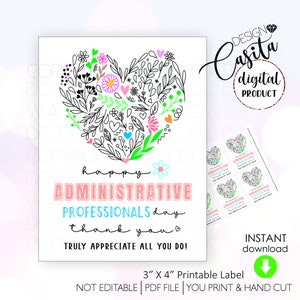 Administrative Professionals Day Printable Gift Tag,floral Heart Office ...