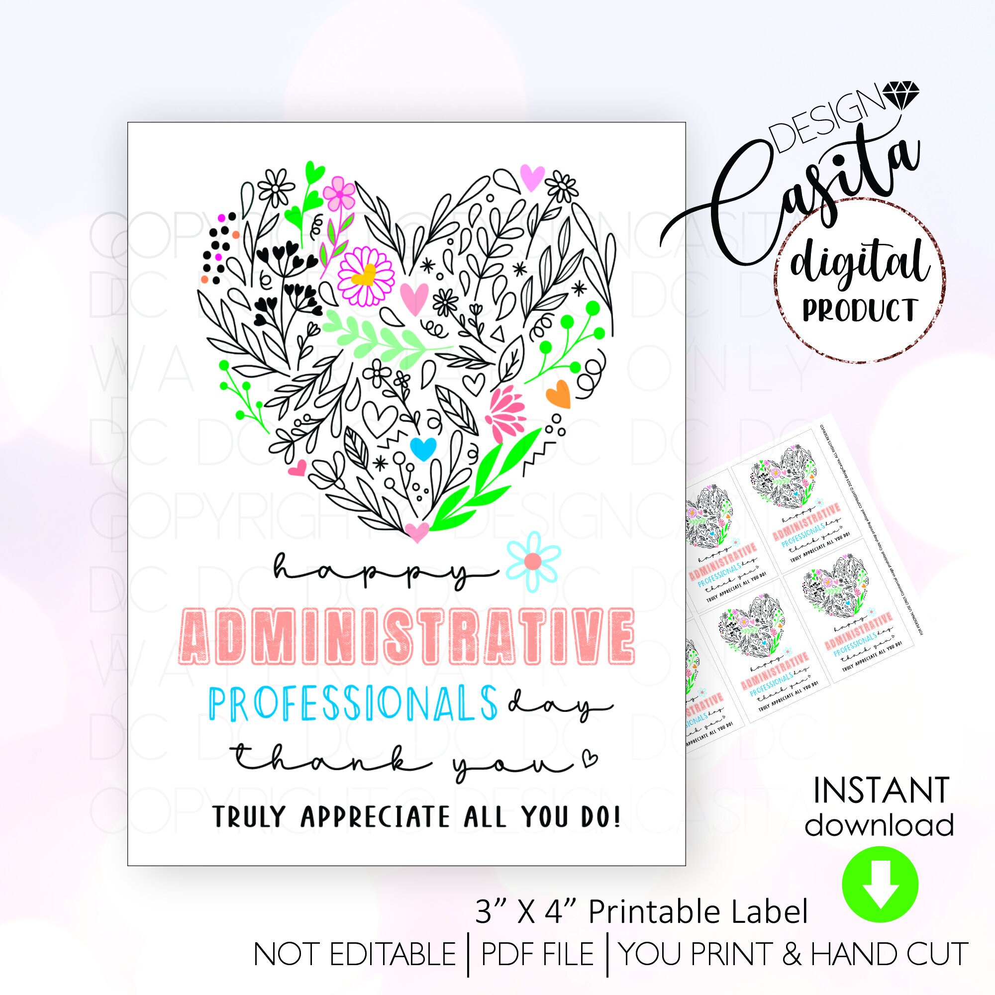 Administrative Professionals Day Printable Gift Tag,floral Heart Office ...