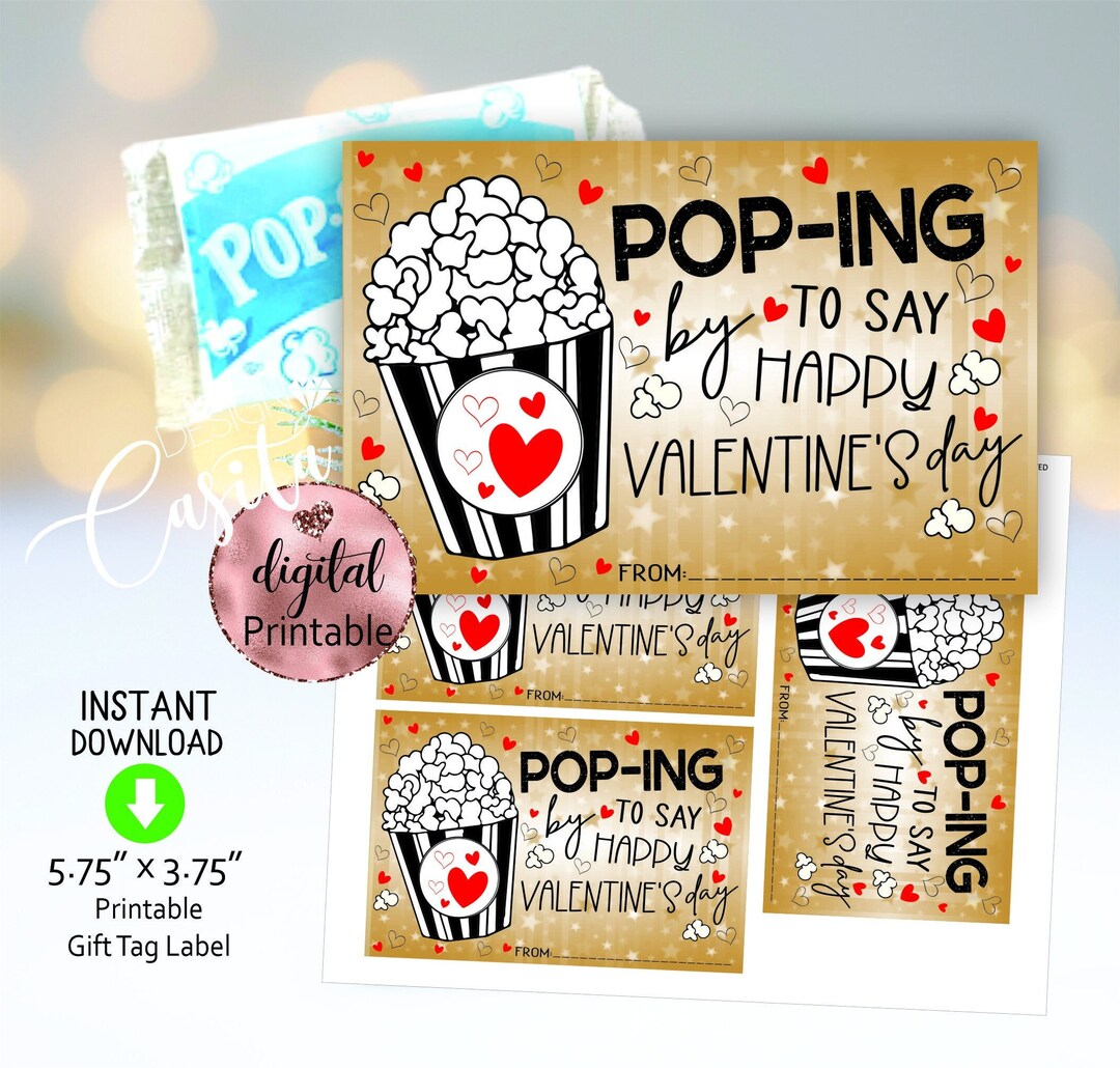 Popcorn Happy Valentine's Day Printable Gift Tag Label,gold Star ...