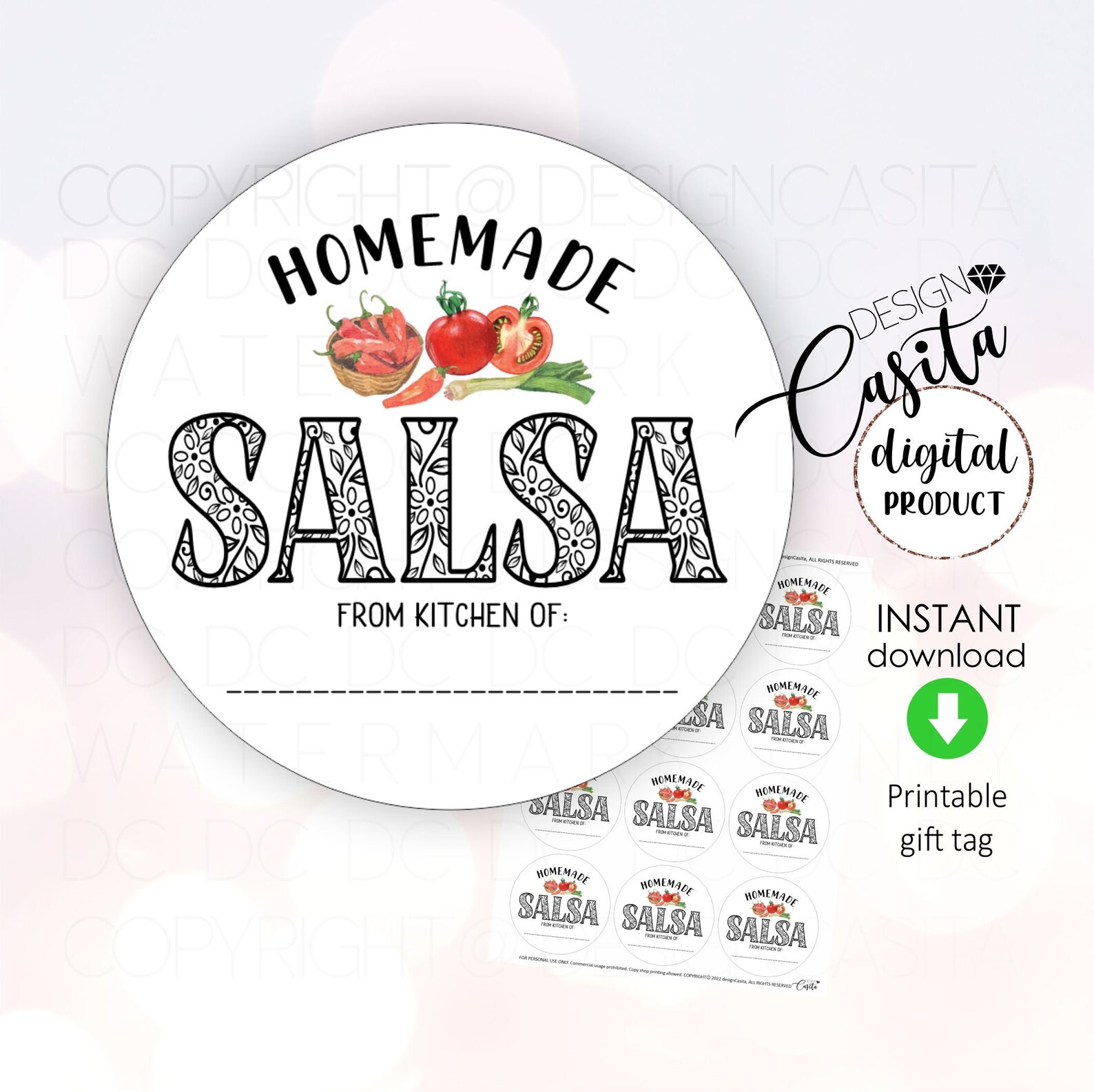 Salsa Printable Gift Tag Label Circle 2.5,mason Jar Canning Label,spicy ...