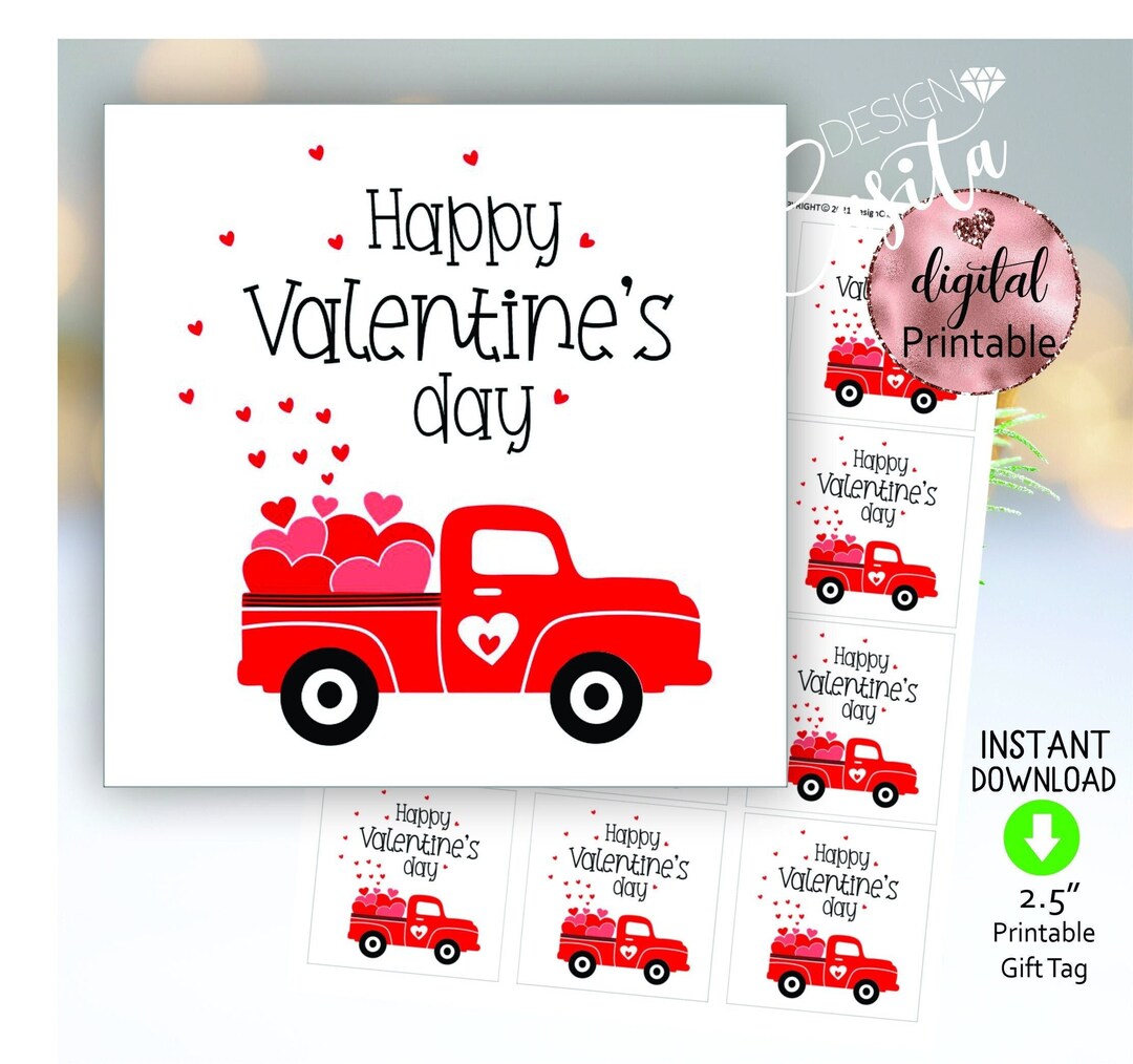 Happy Valentine's Day Red Truck Printable Favor Gift Tag,classroom Card ...