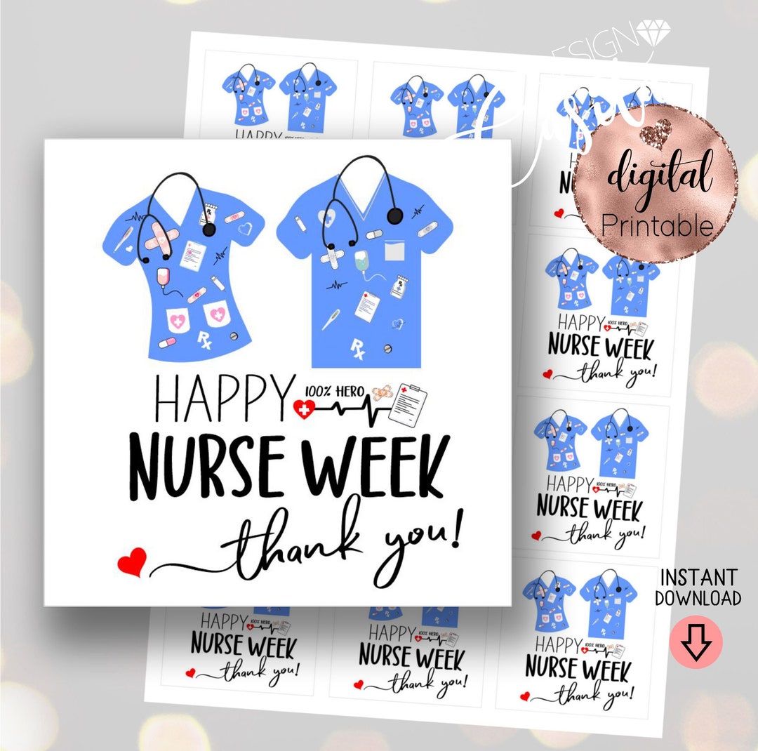 Nurse Week Thank You Printable Blue Square Favor Gift Tag,scrub Nurse ...