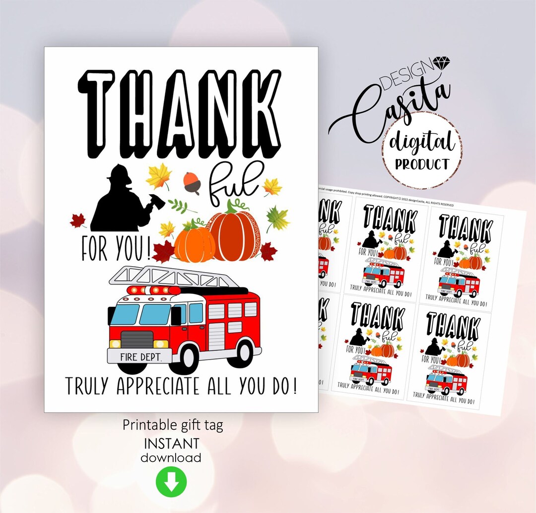 Firefighter Thank You Printable Favor Gift Tagthankful for - Etsy