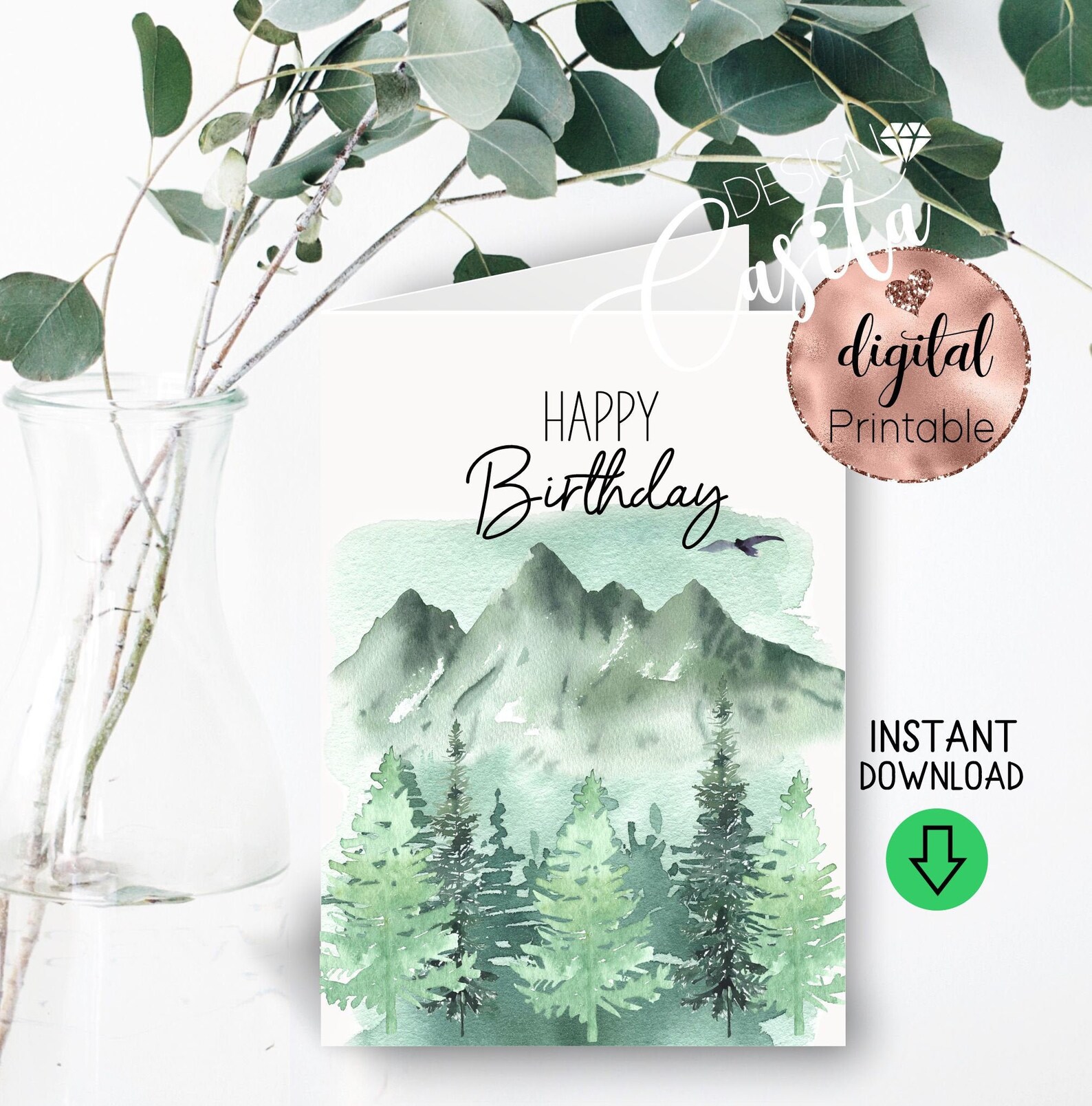 Happy Birthday Mountains Forest Printable 5x7 Folded Greeting | Etsy